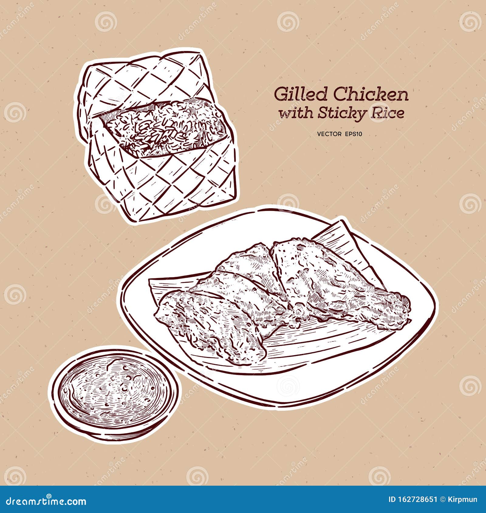 Grilled Chicken with Sticky Rice, Hand Draw Sketch Vector Stock Vector ...