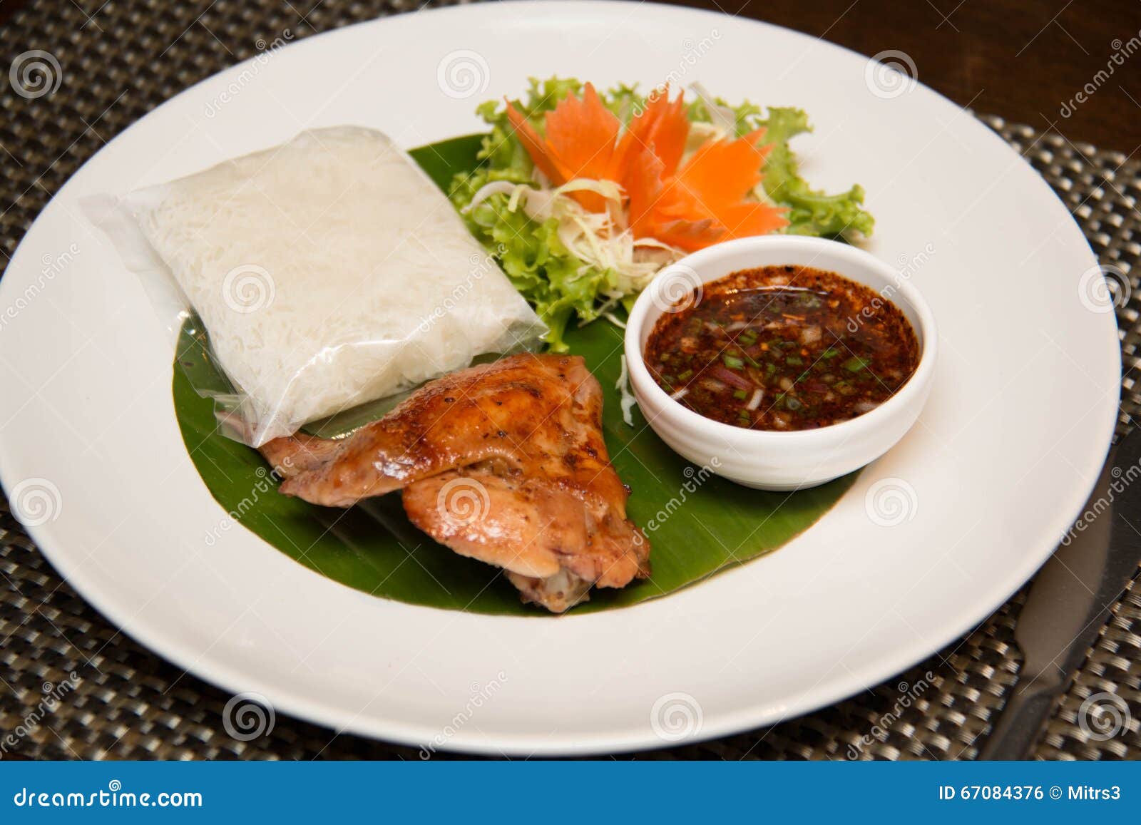 Grilled Chicken Wing and Sticky Rice Stock Photo - Image of green ...