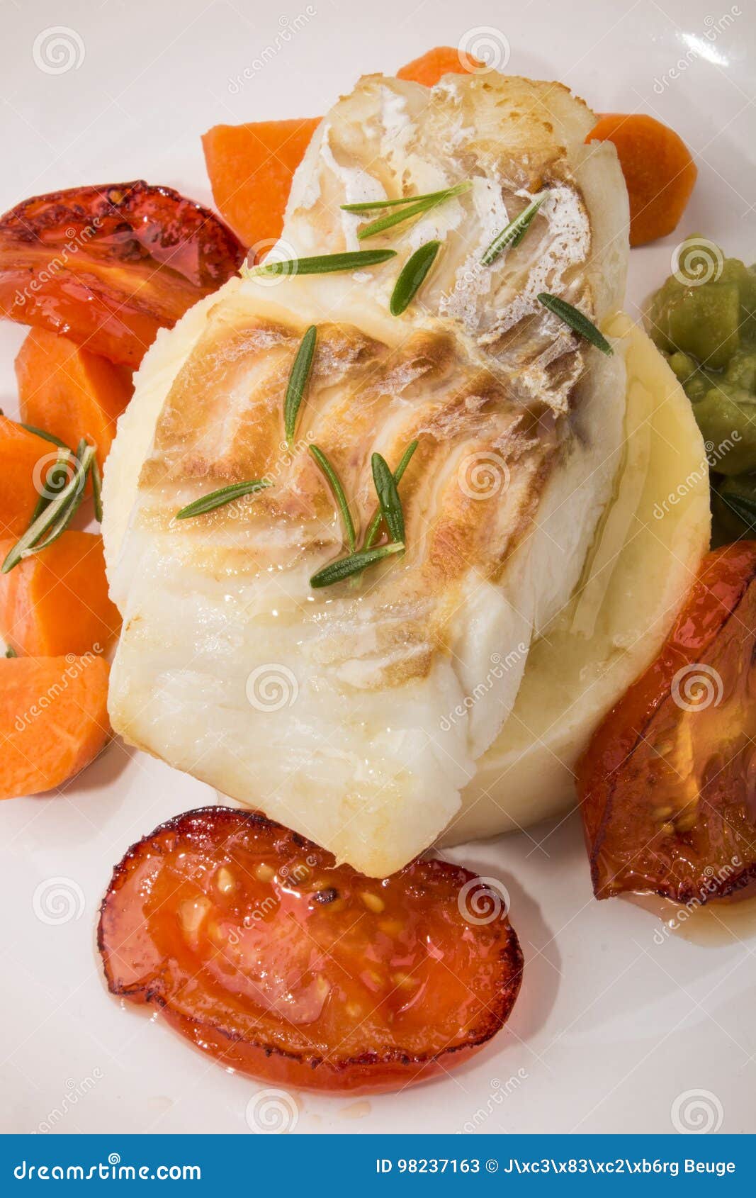 Grilled Cod with Mashed Potato, Carrots, Tomato and Mushy Pea Stock ...