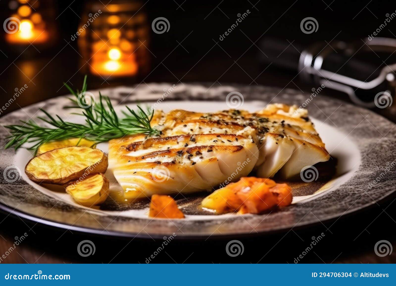Grilled Codfish with Char Lines Served with Potatoes Stock Photo ...