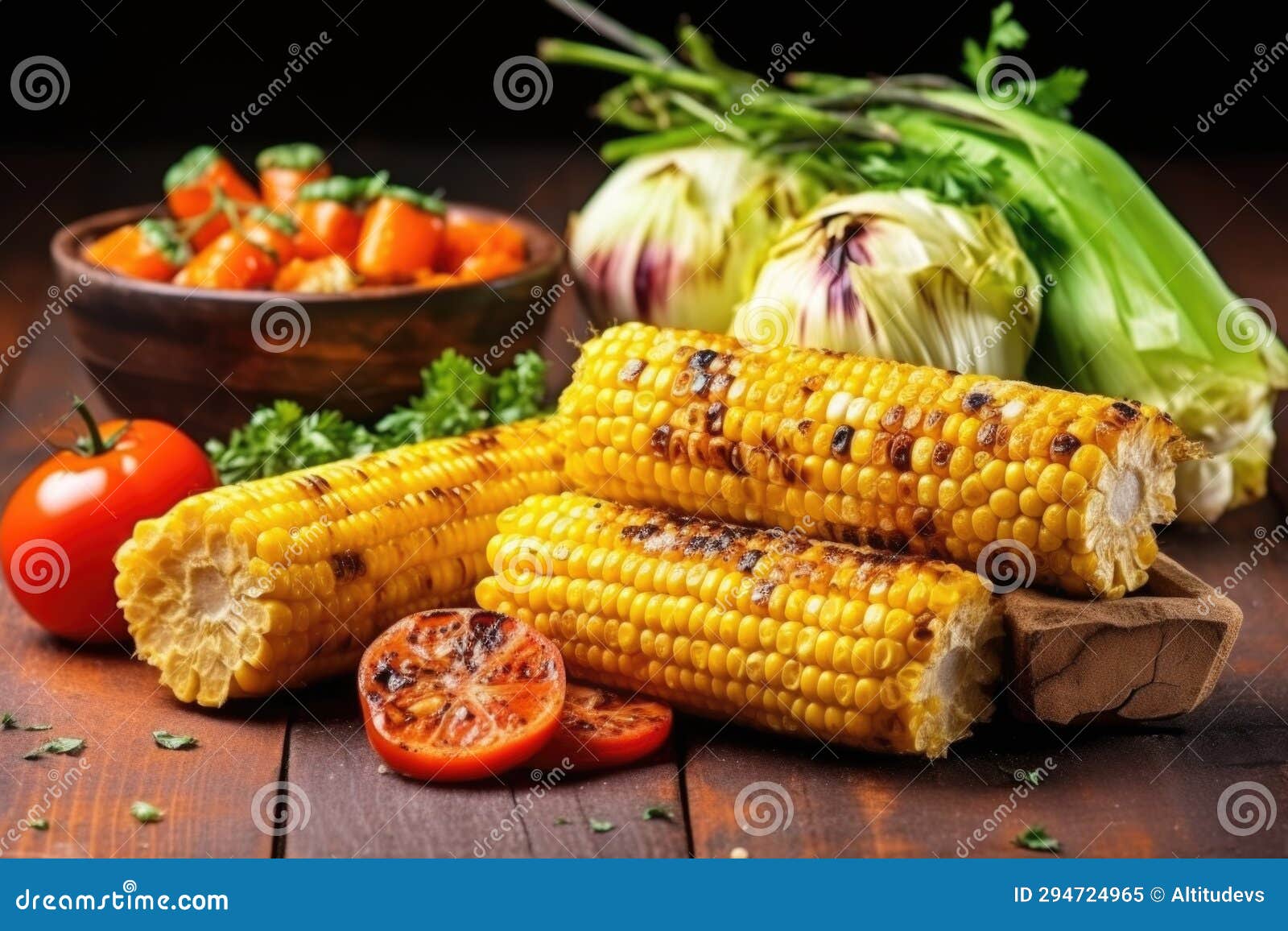 Grilled Corn on Cob with Varied Sizes on Brick Background Stock Image ...