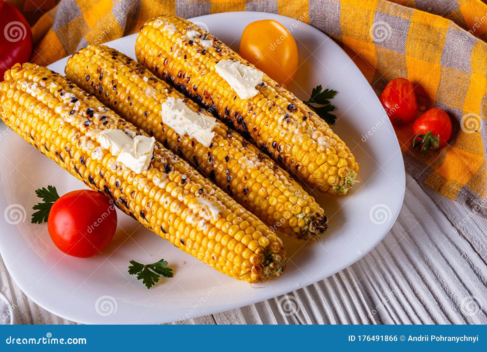 Grilled Corn Cob on White Wooden Rustic Background Stock Photo - Image ...