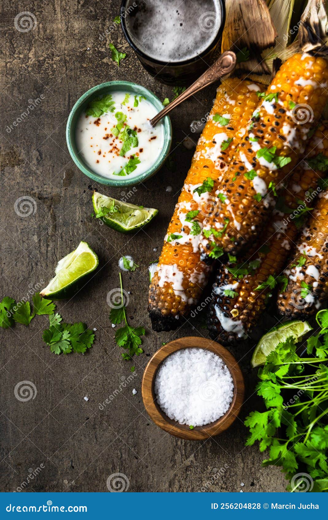 Grilled Corn Cobs with Fresh Herbs,lime,beer and Salt, Served on Stone ...
