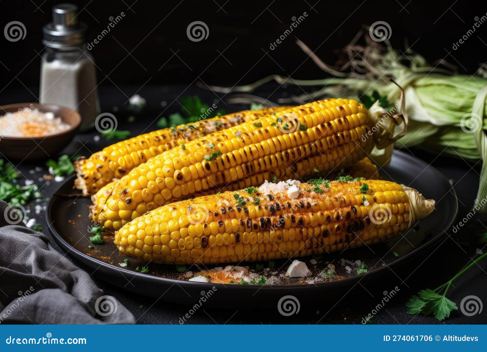Grilled Corn Cobs on Serving Plate, with Sprinkle of Salt and Pepper ...