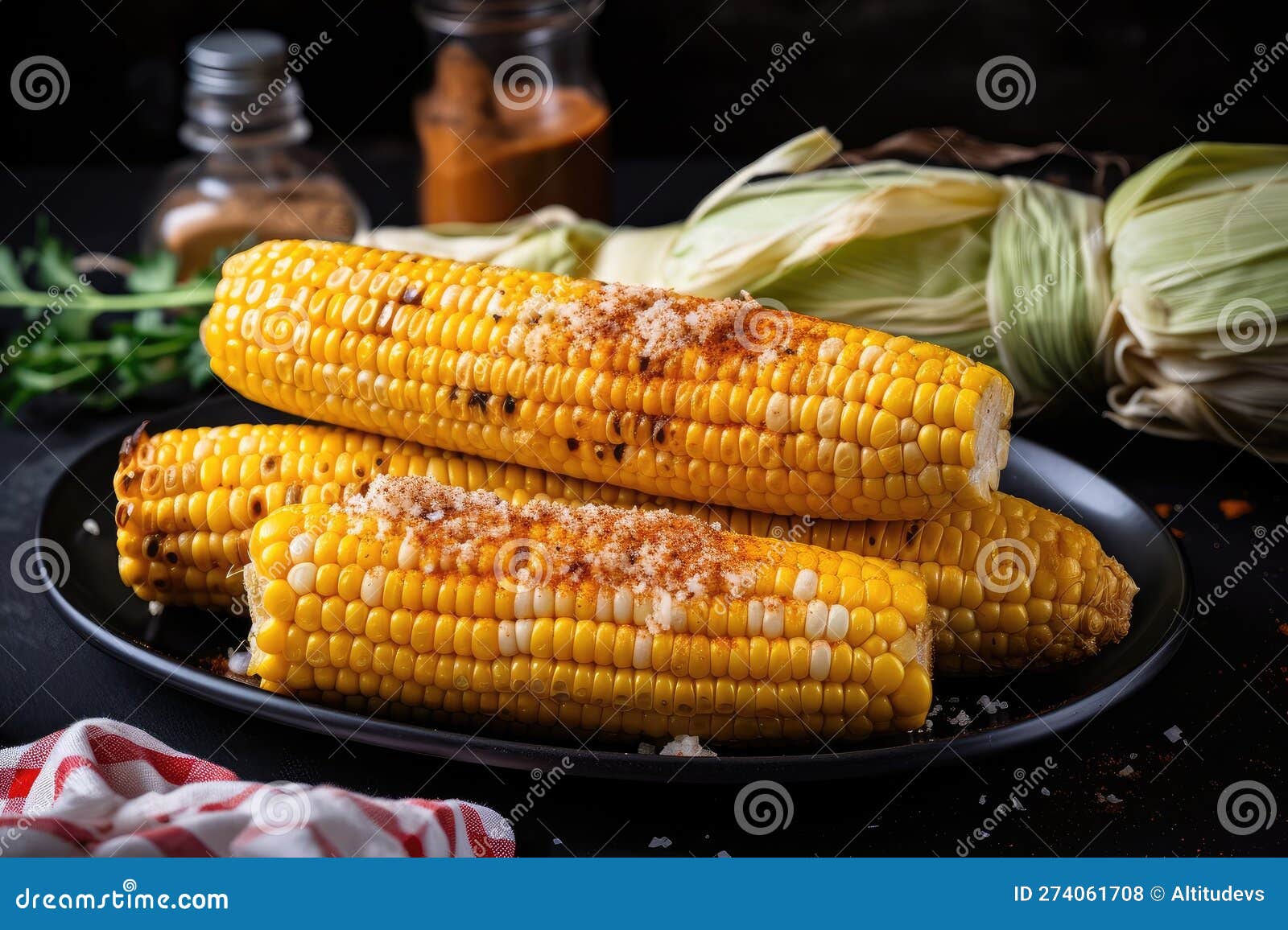 Grilled Corn Cobs on Serving Plate, with Sprinkle of Salt and Pepper ...