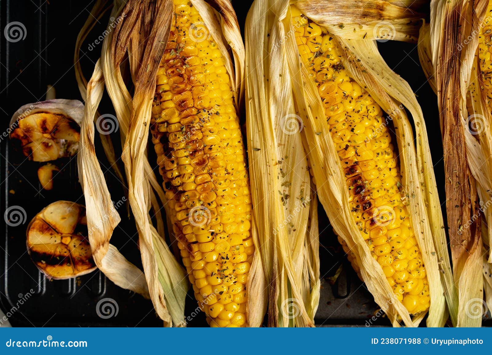 Grilled Corn Process, Roasted Young Corn Close-up, Top View Stock Photo ...