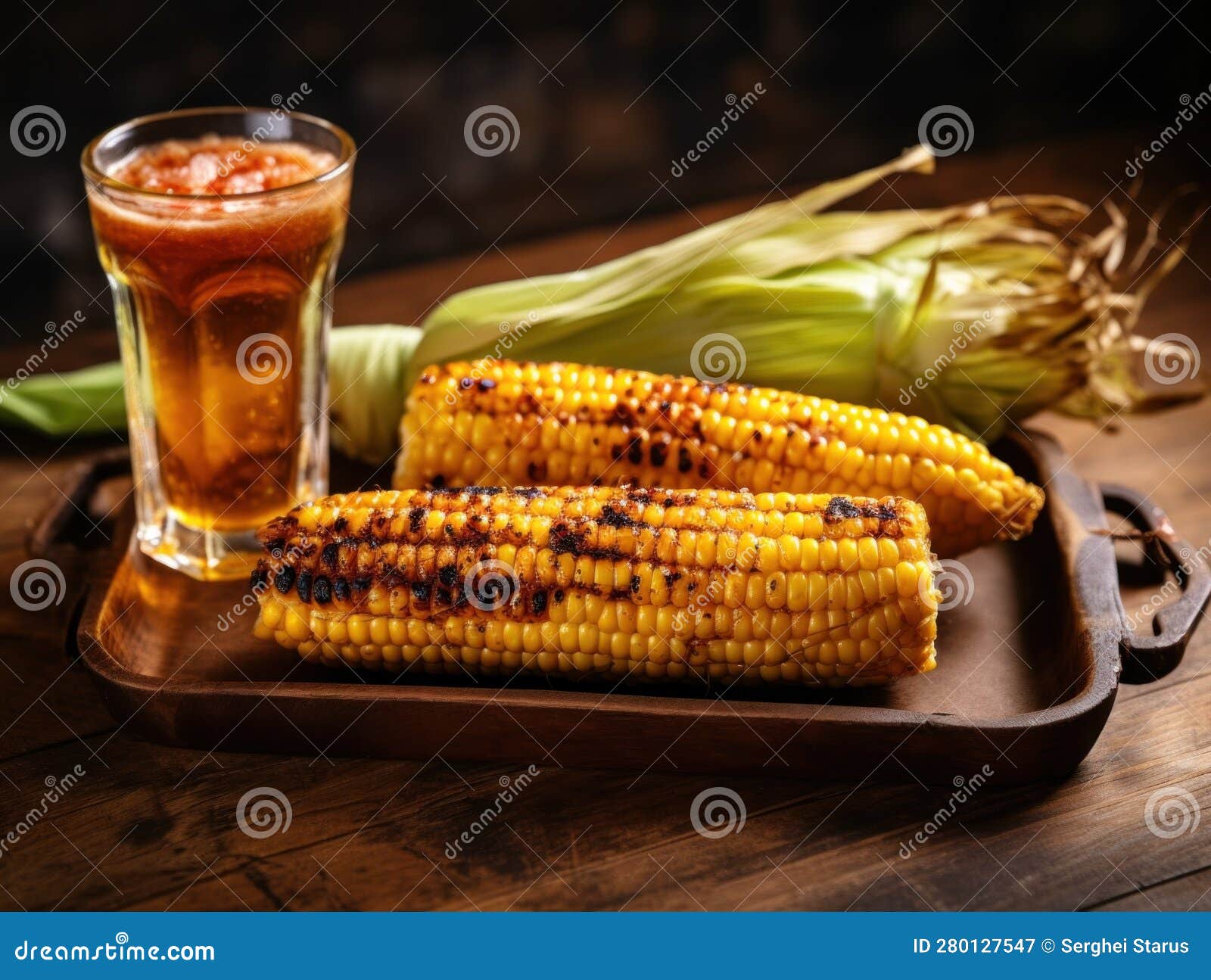 Grilled Corn on a Tray Next To a Glass of Beer. Generative AI Image ...