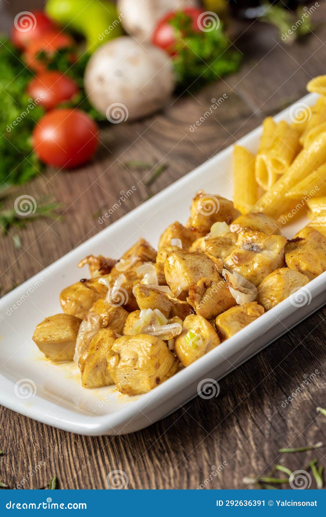 Grilled Cubed Chicken with Pasta and Salad Stock Image - Image of lunch ...