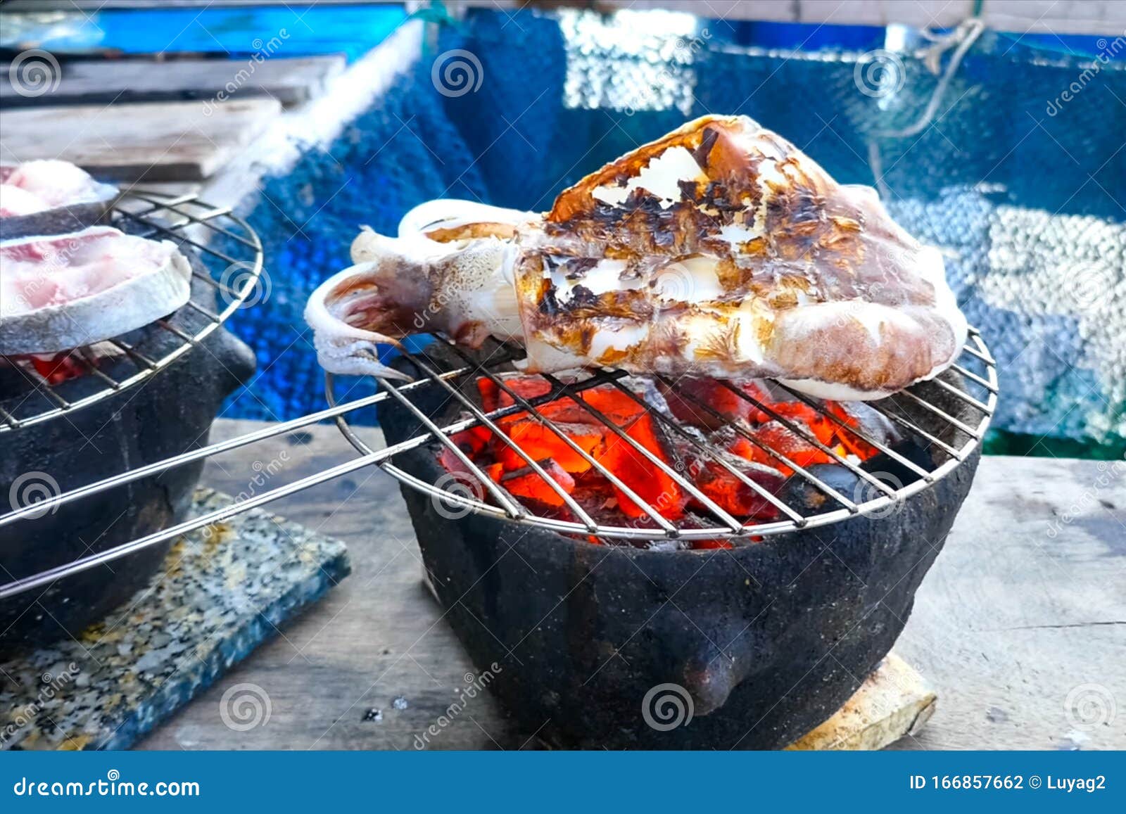 Grilled Cuttlefish Fish Steaks on Fire Stock Photo - Image of eating ...