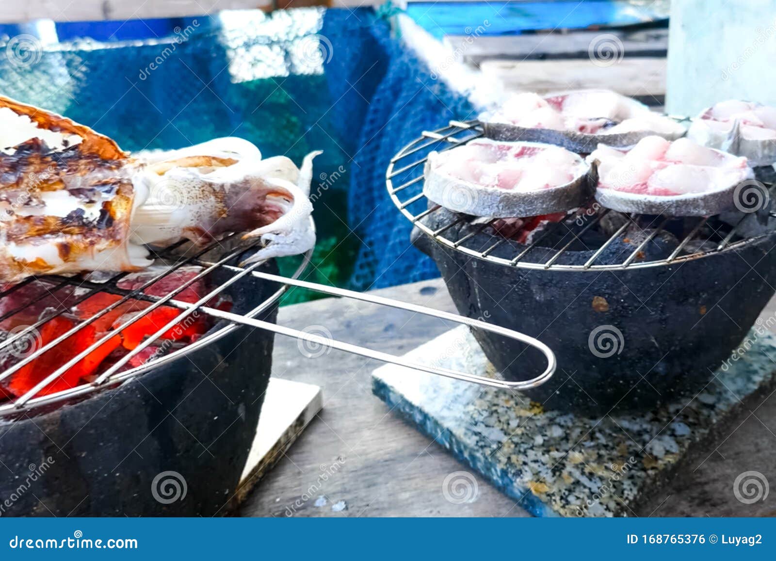 Grilled Cuttlefish Fish Steaks on Fire Stock Photo - Image of party ...