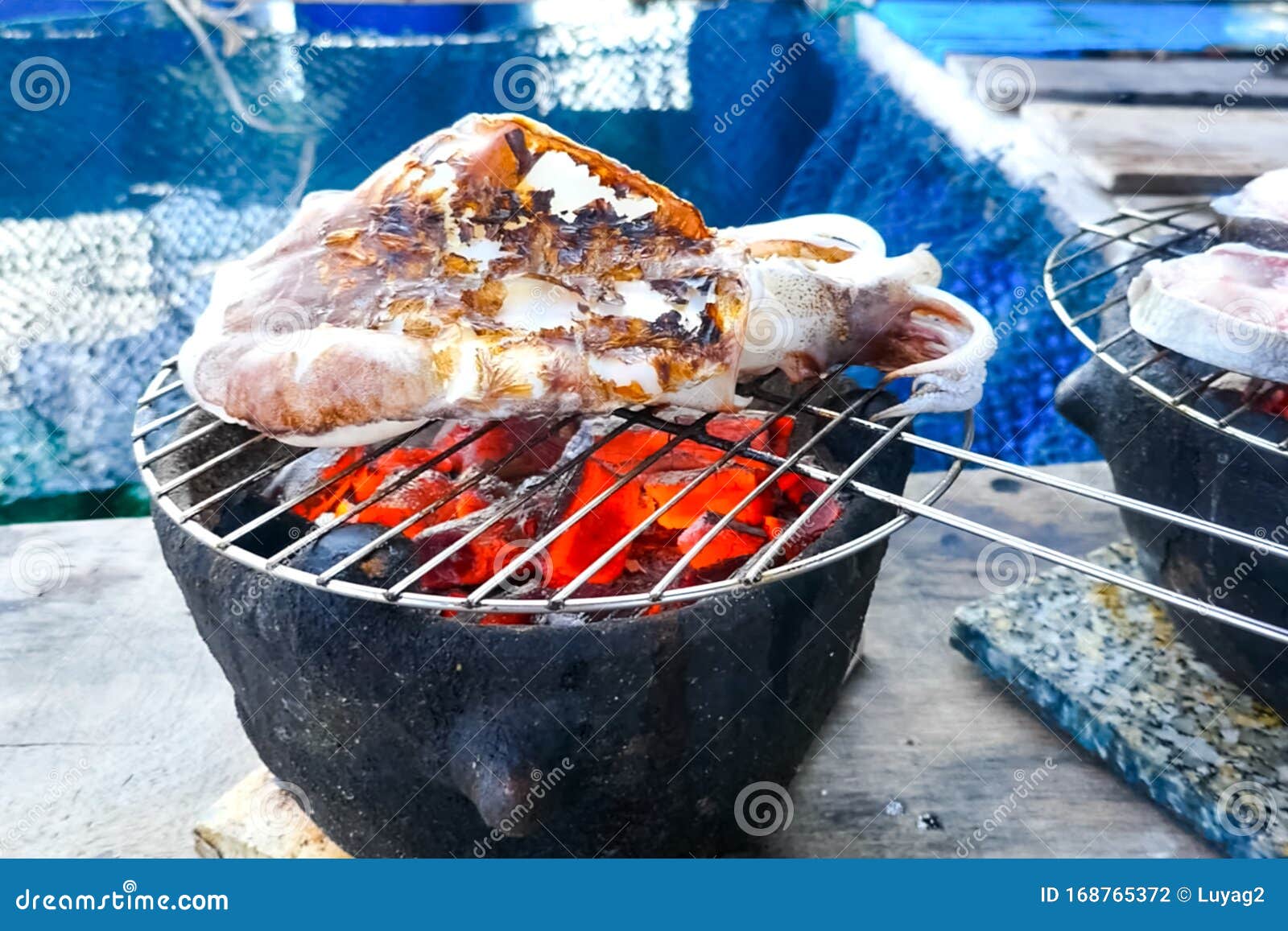 Grilled Cuttlefish Fish Steaks on Fire Stock Photo - Image of charcoal ...