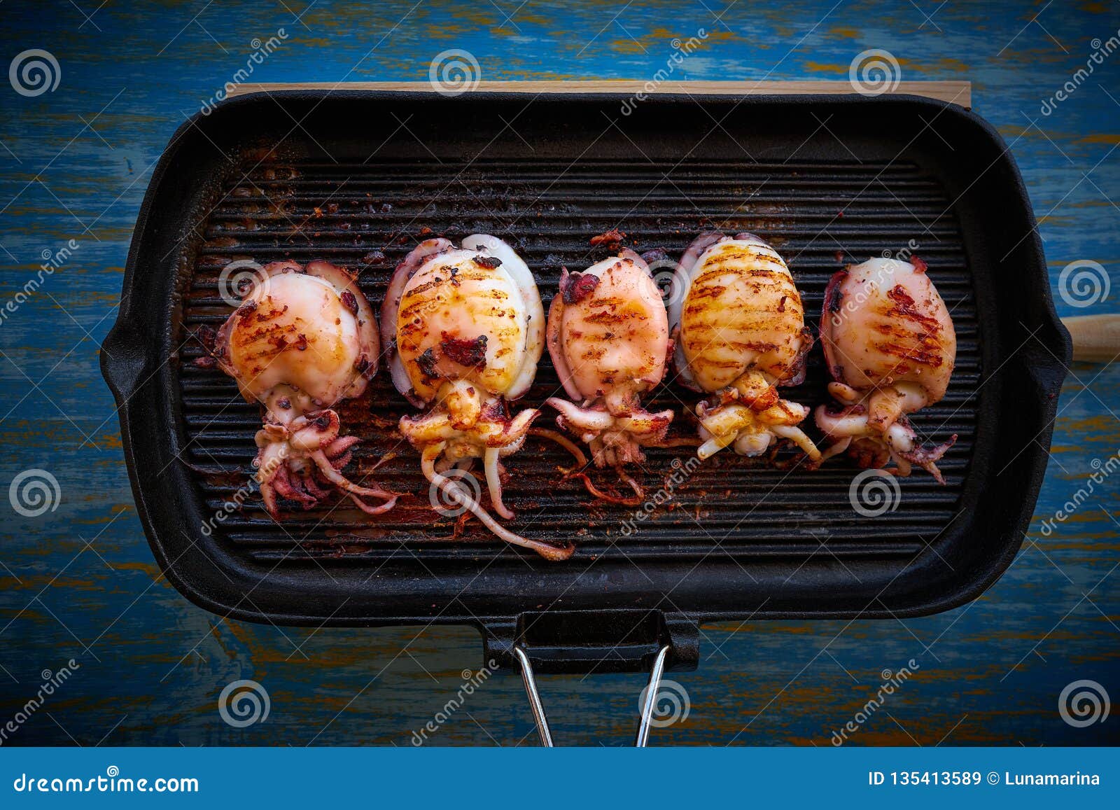 Grilled Cuttlefish Squid in Cast Iron Grill Stock Image - Image of ...