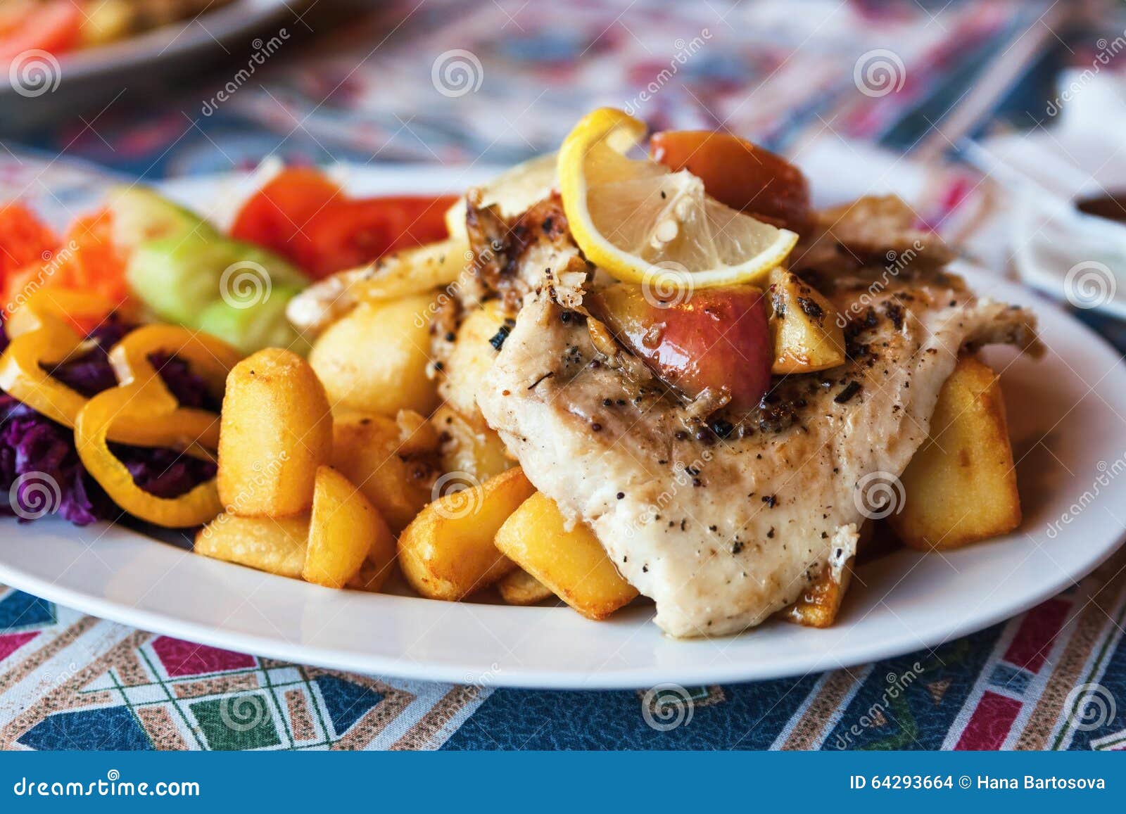 Grilled fish with apple stock photo. Image of pepper - 64293664