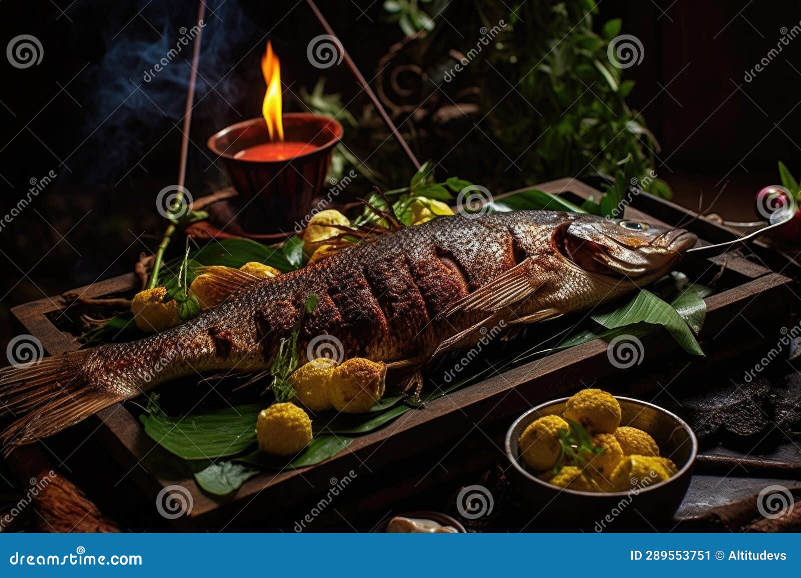Grilled Fish on Boat with Added Spices and Marinade Stock Image - Image ...