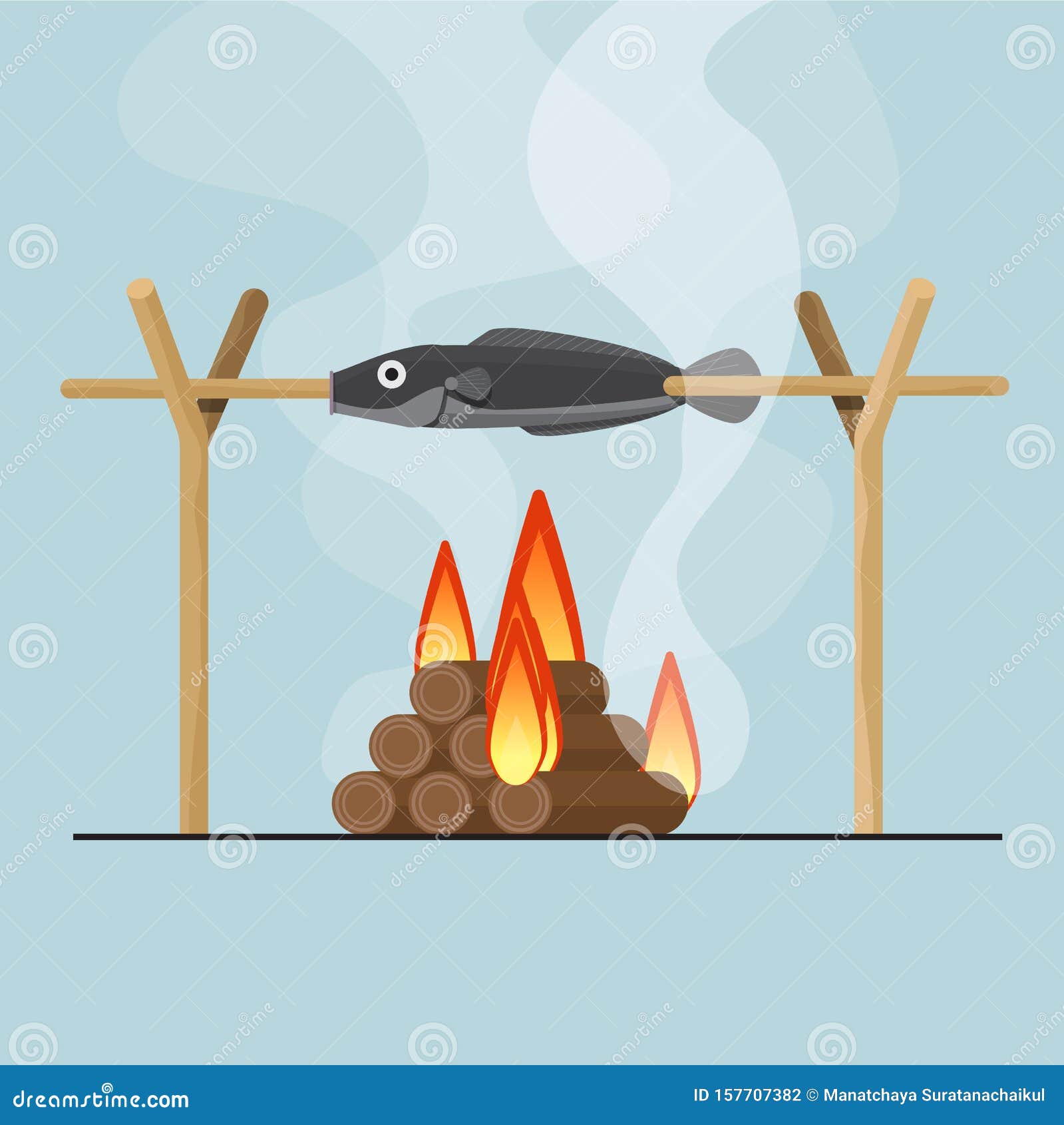 Grilled fish on bonfire. stock illustration. Illustration of fire ...