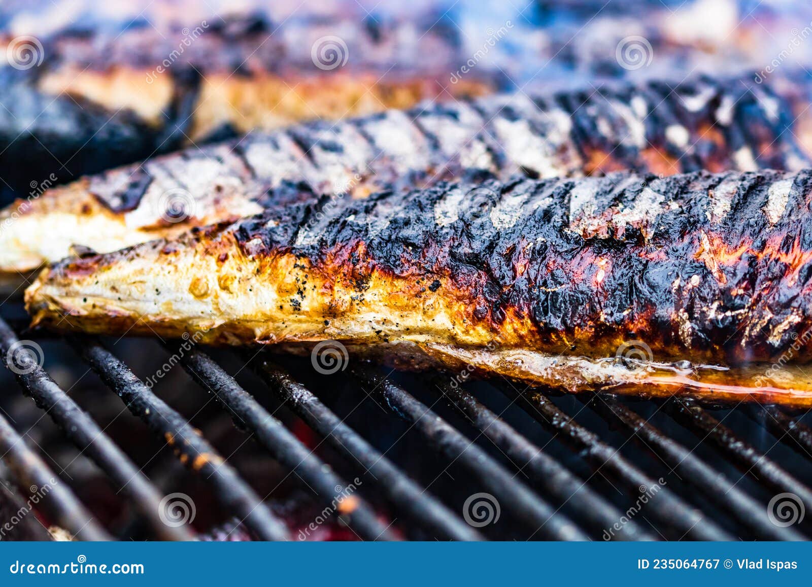 Grilled Fish on Charcoal Grill. Fresh Fish Barbecue Stock Image - Image ...