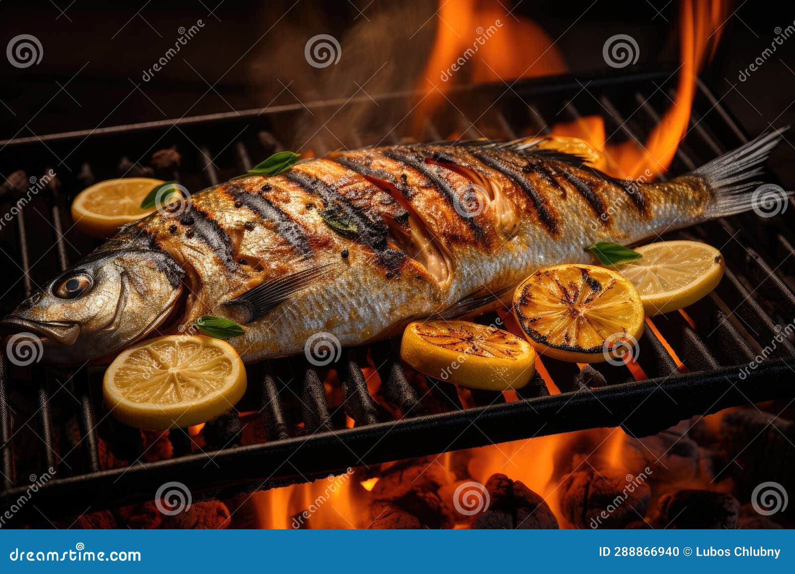 Grilled fish on charcoal stock illustration. Illustration of delicious ...
