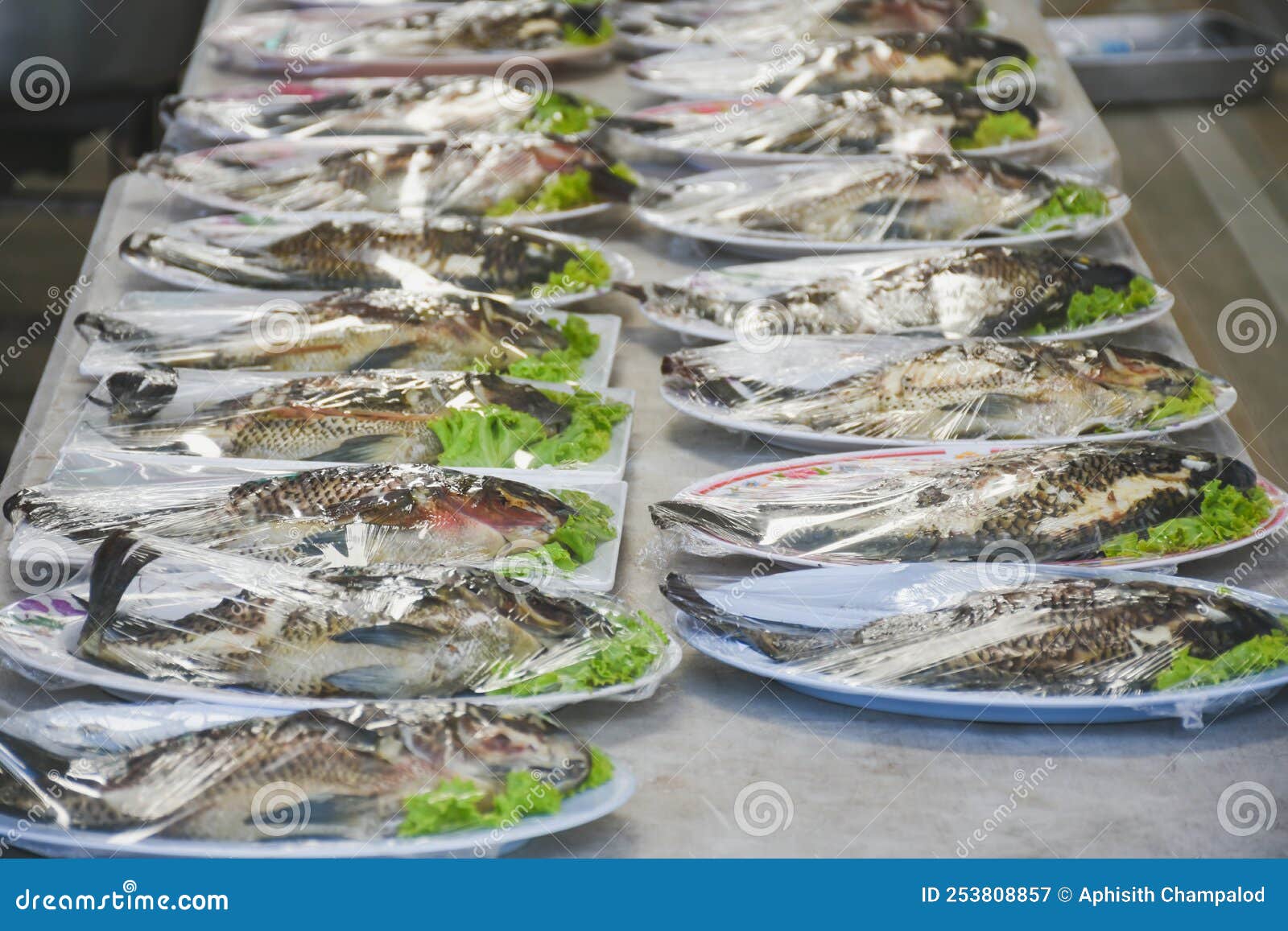 Grilled Fish on the Dining Table in the Building at Noon Stock Image ...
