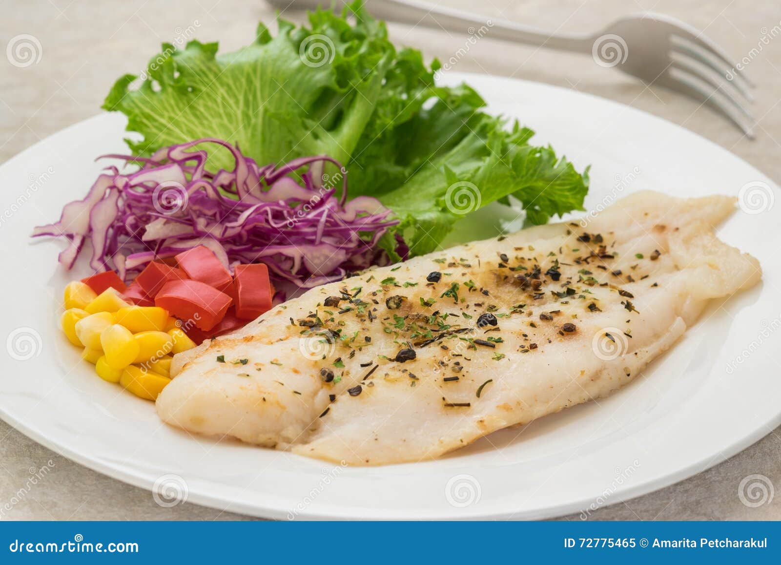 Grilled Fish Fillet Steak with Herb and Vegetables on Plate Stock Image ...