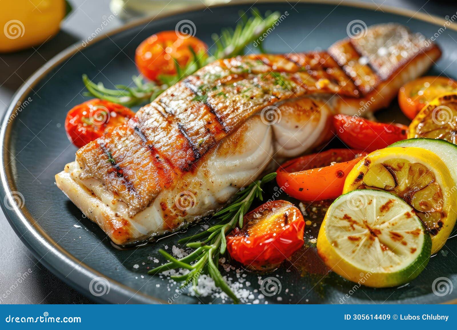 Grilled Fish Fillet with Vegetables on a Plate Stock Illustration ...