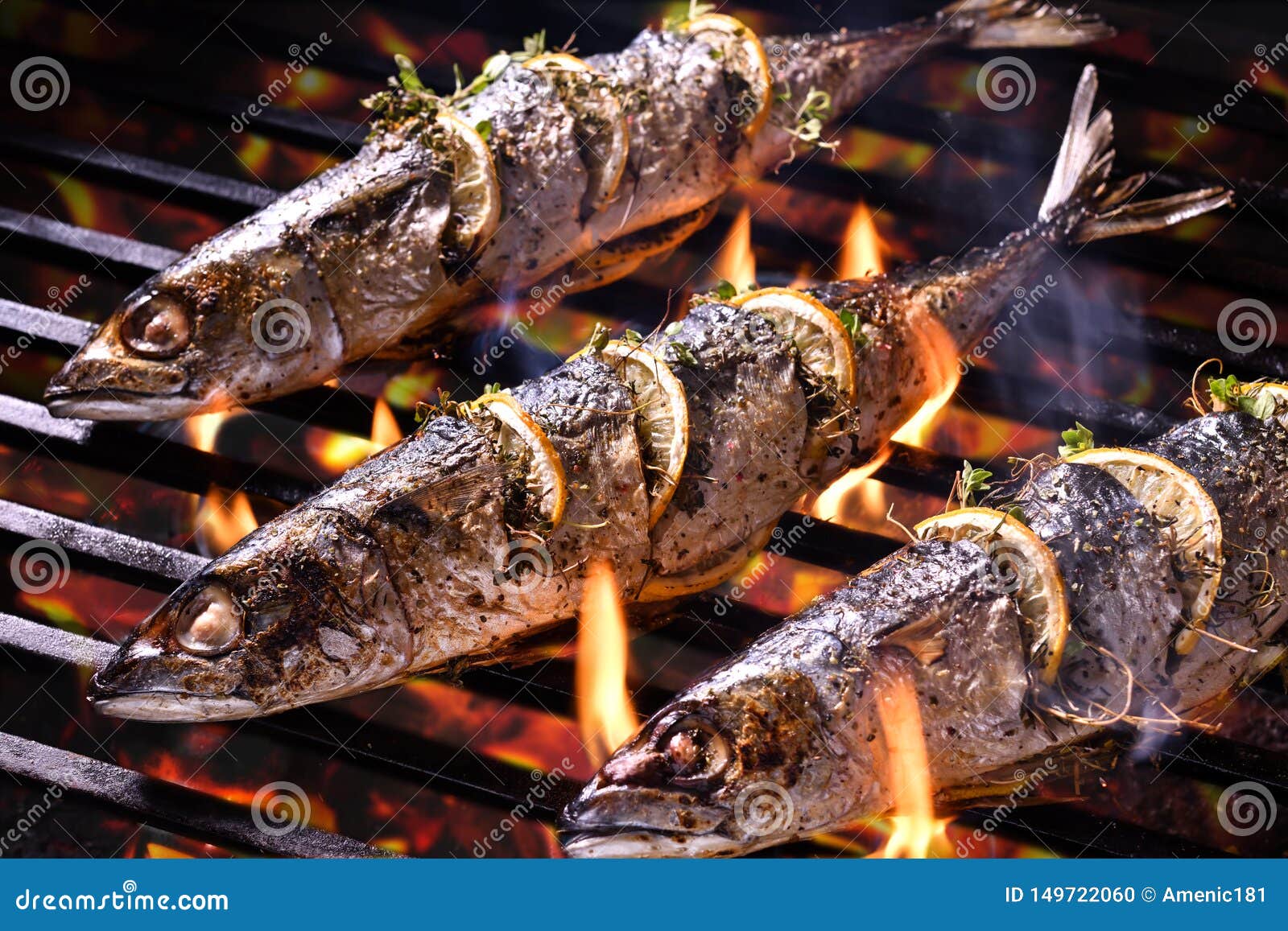 Grilled Fishs on the Flaming Grill Stock Photo - Image of dinner, fishs ...