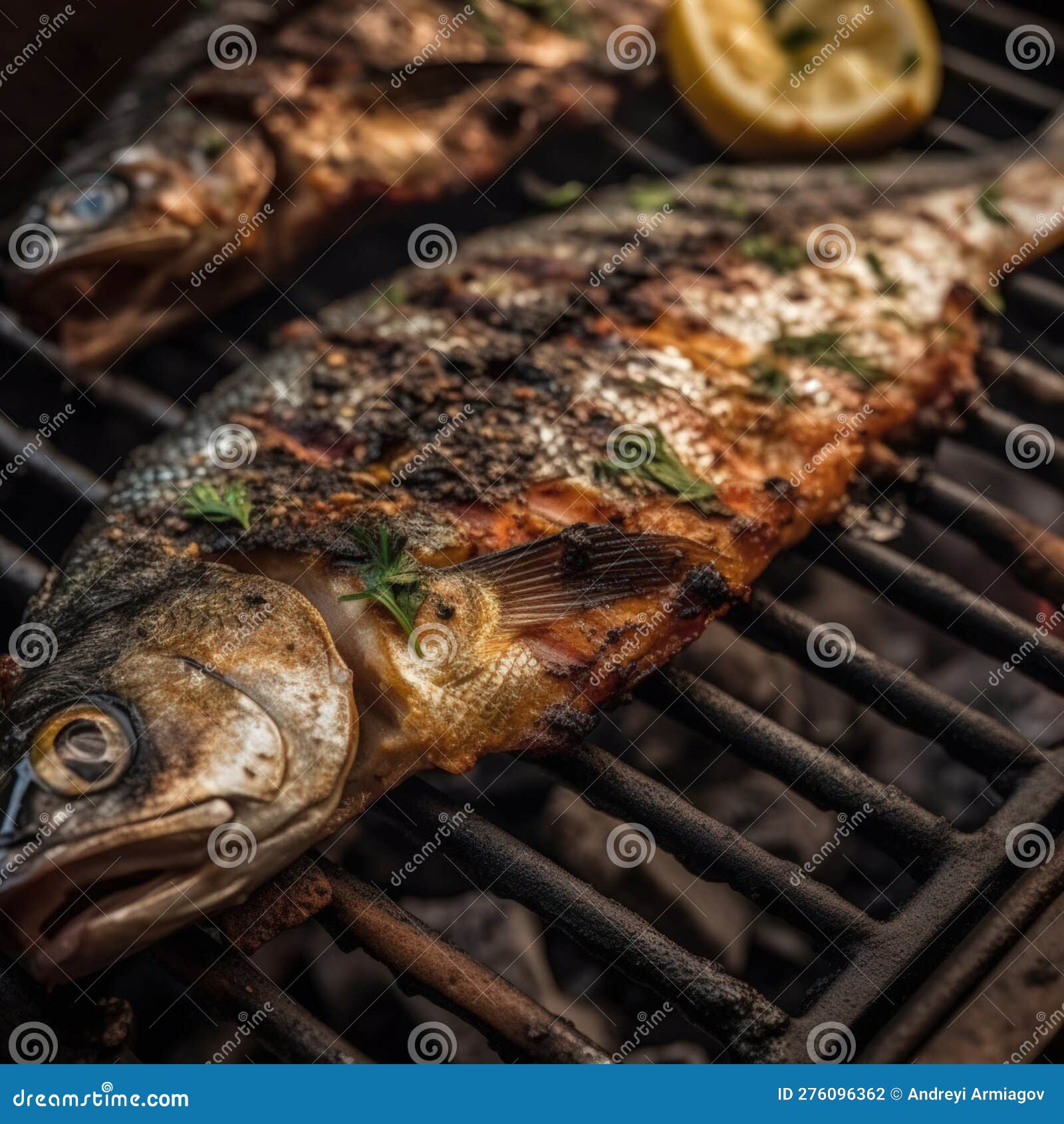 Grilled Fish On Charcoal Fire Flames With Smoky Black Background ...