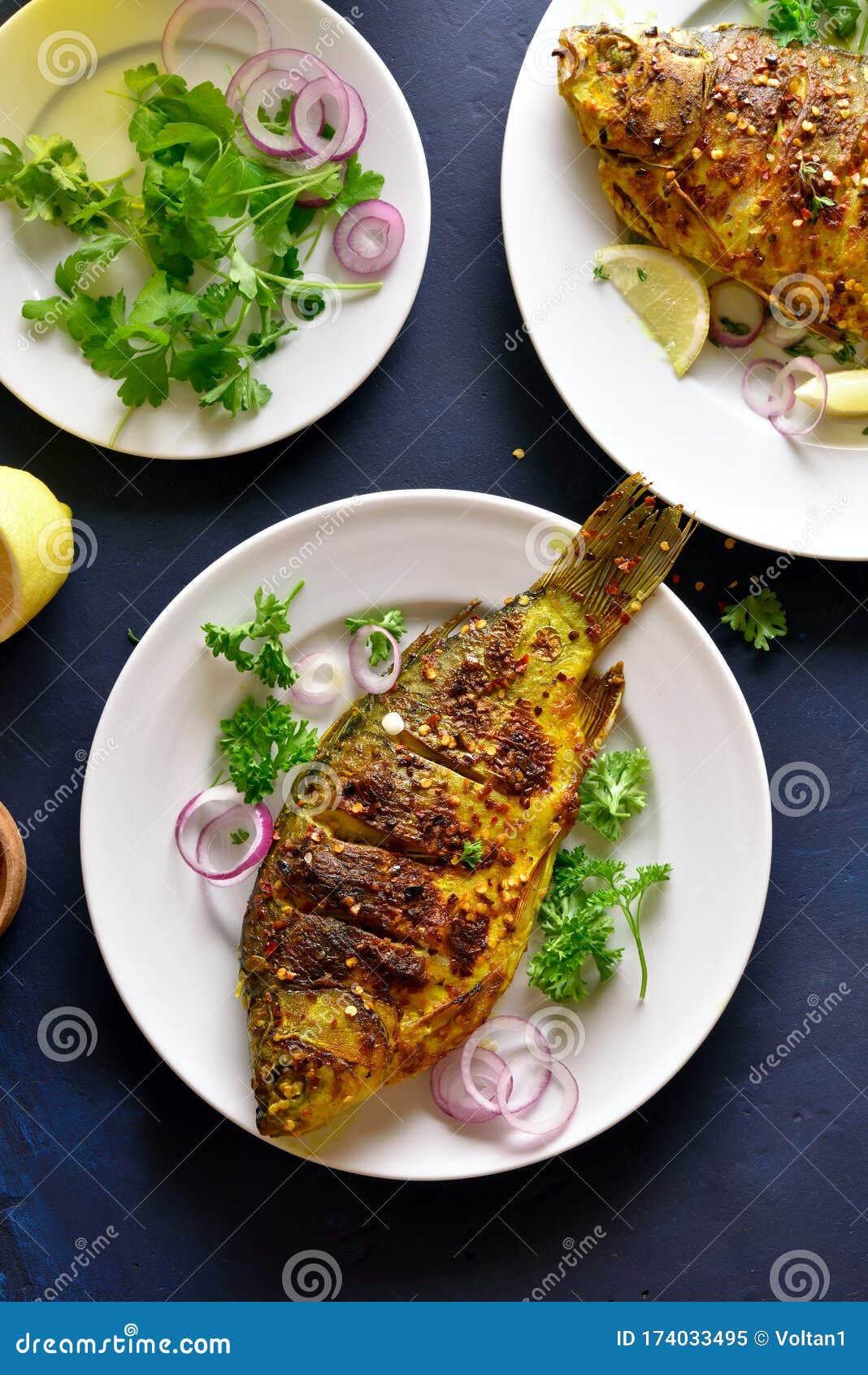 Grilled fish stock image. Image of plate, lunch, dinner - 174033495