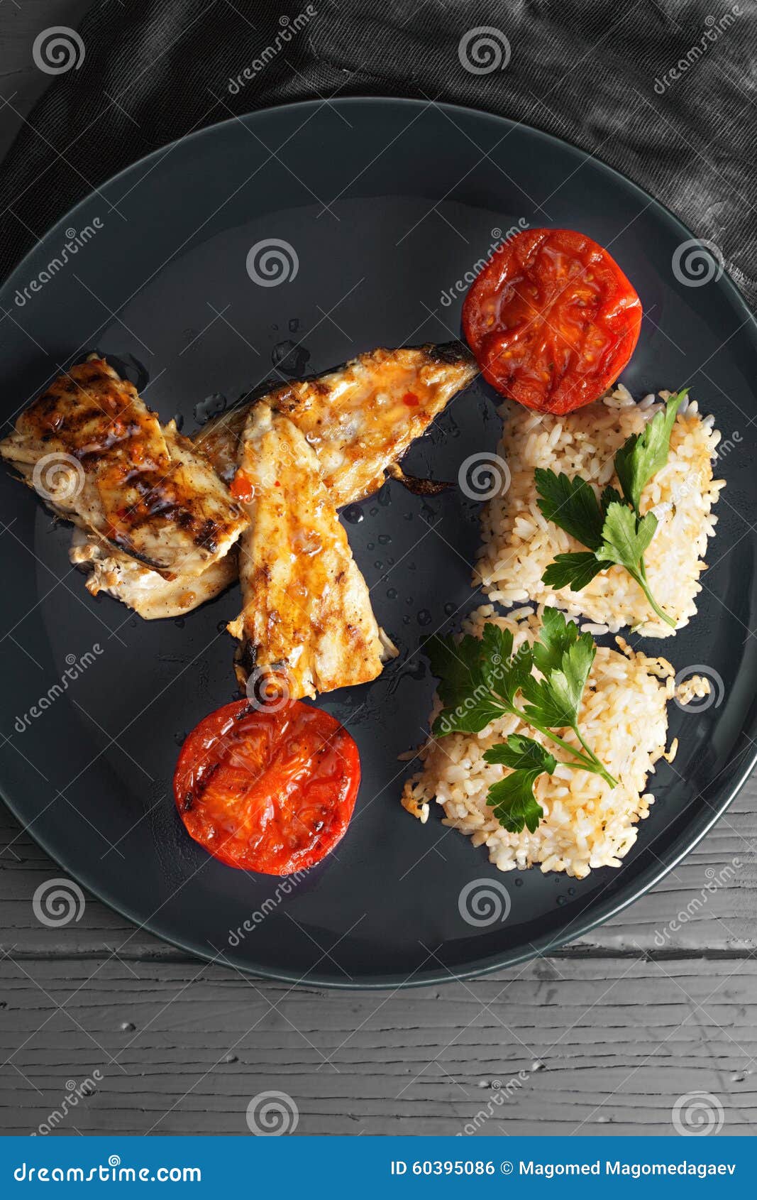 Grilled Fish with Rice Above View Stock Photo - Image of life, food ...