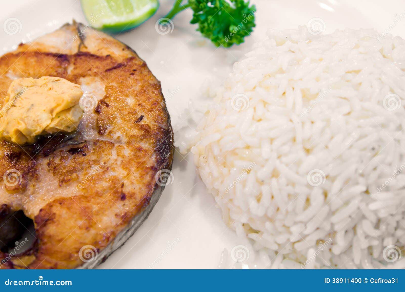 Grilled fish with rice stock photo. Image of plate, glass - 38911400