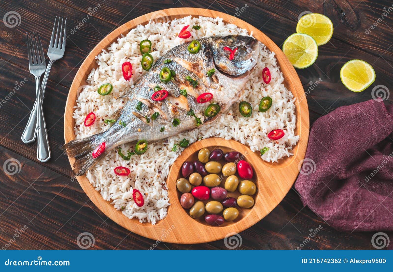 Grilled fish with rice stock photo. Image of pepper - 216742362