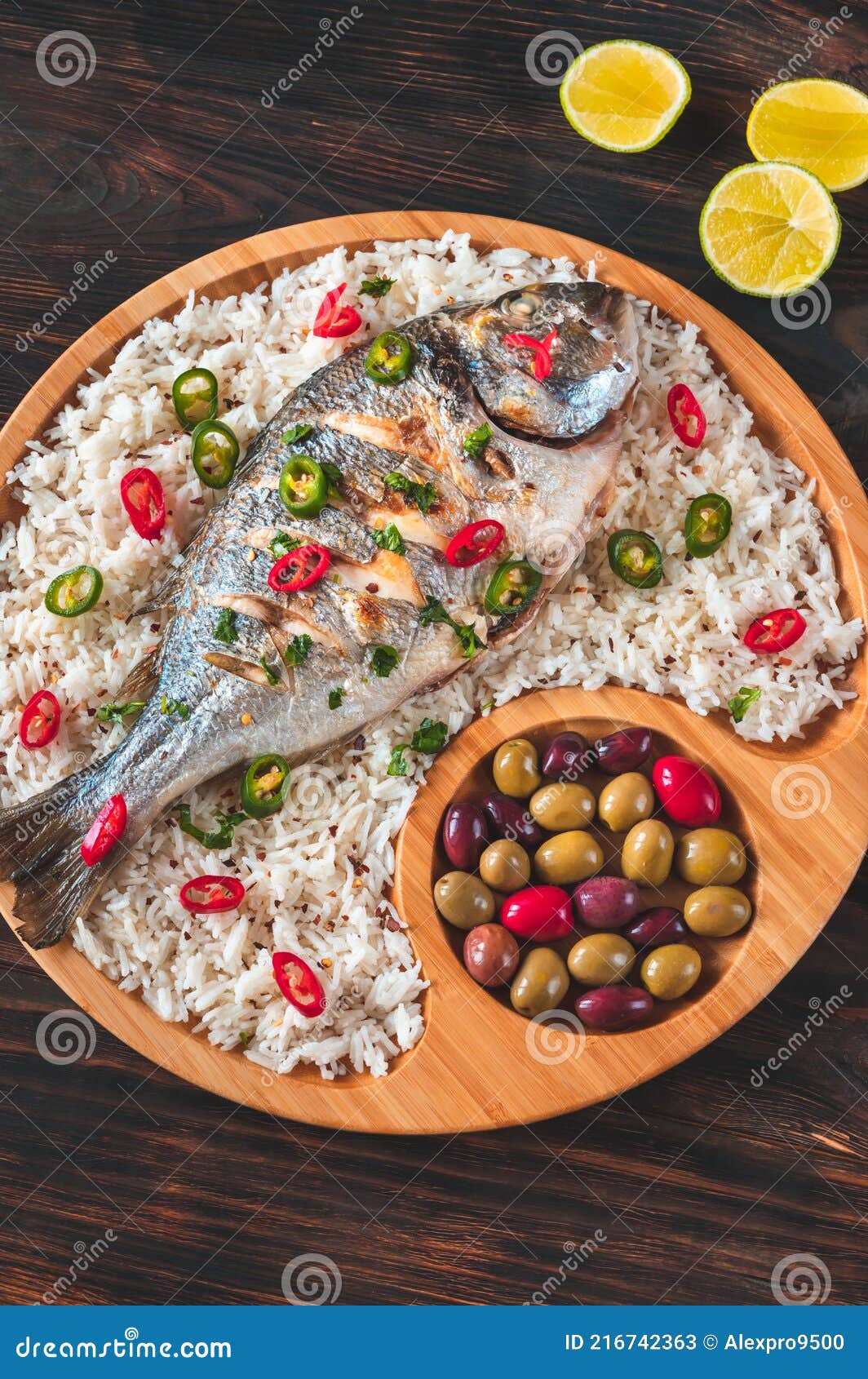 Grilled fish with rice stock image. Image of baked, mediterranean ...