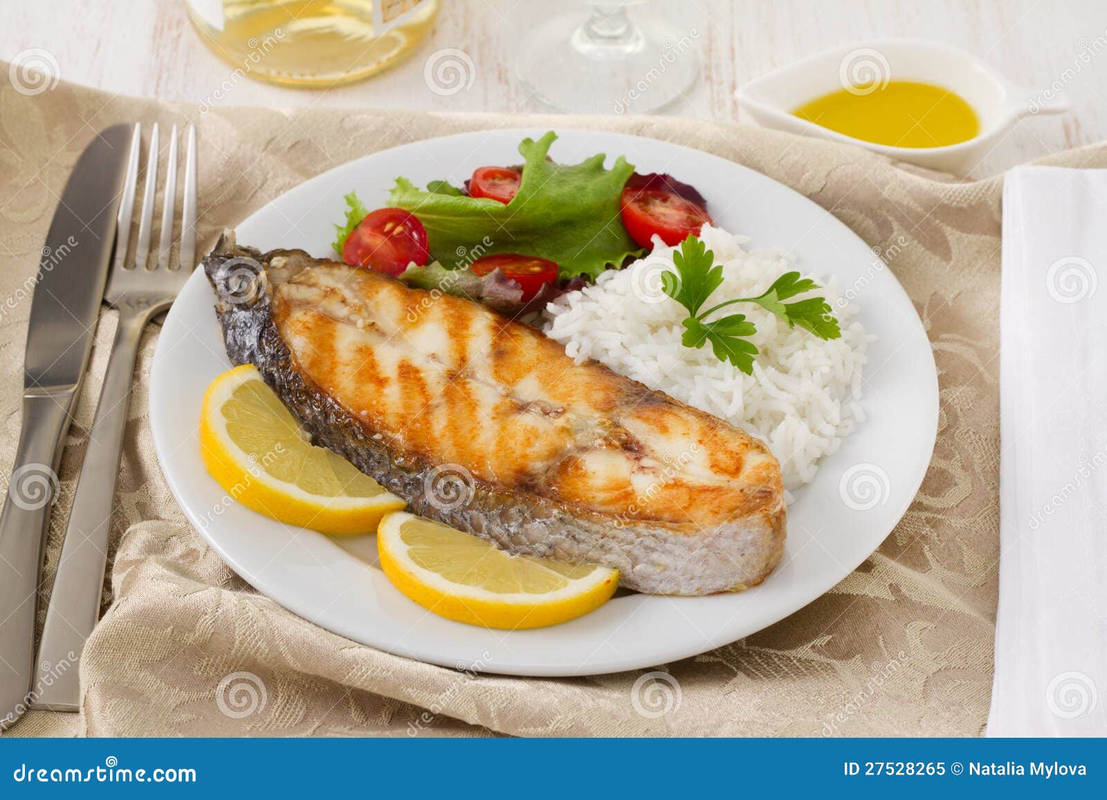 Grilled Fish with Rice, Lemon Stock Image - Image of wine, napkin: 27528265