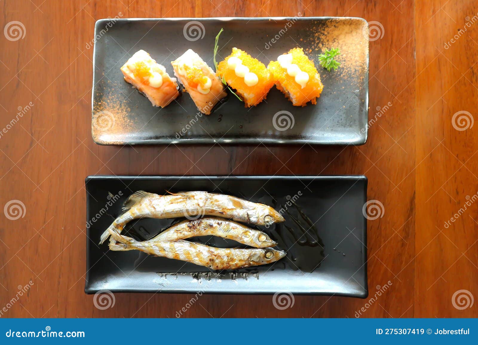 Grilled Fish and Rolls or Maki , California Maki Stock Image - Image of ...