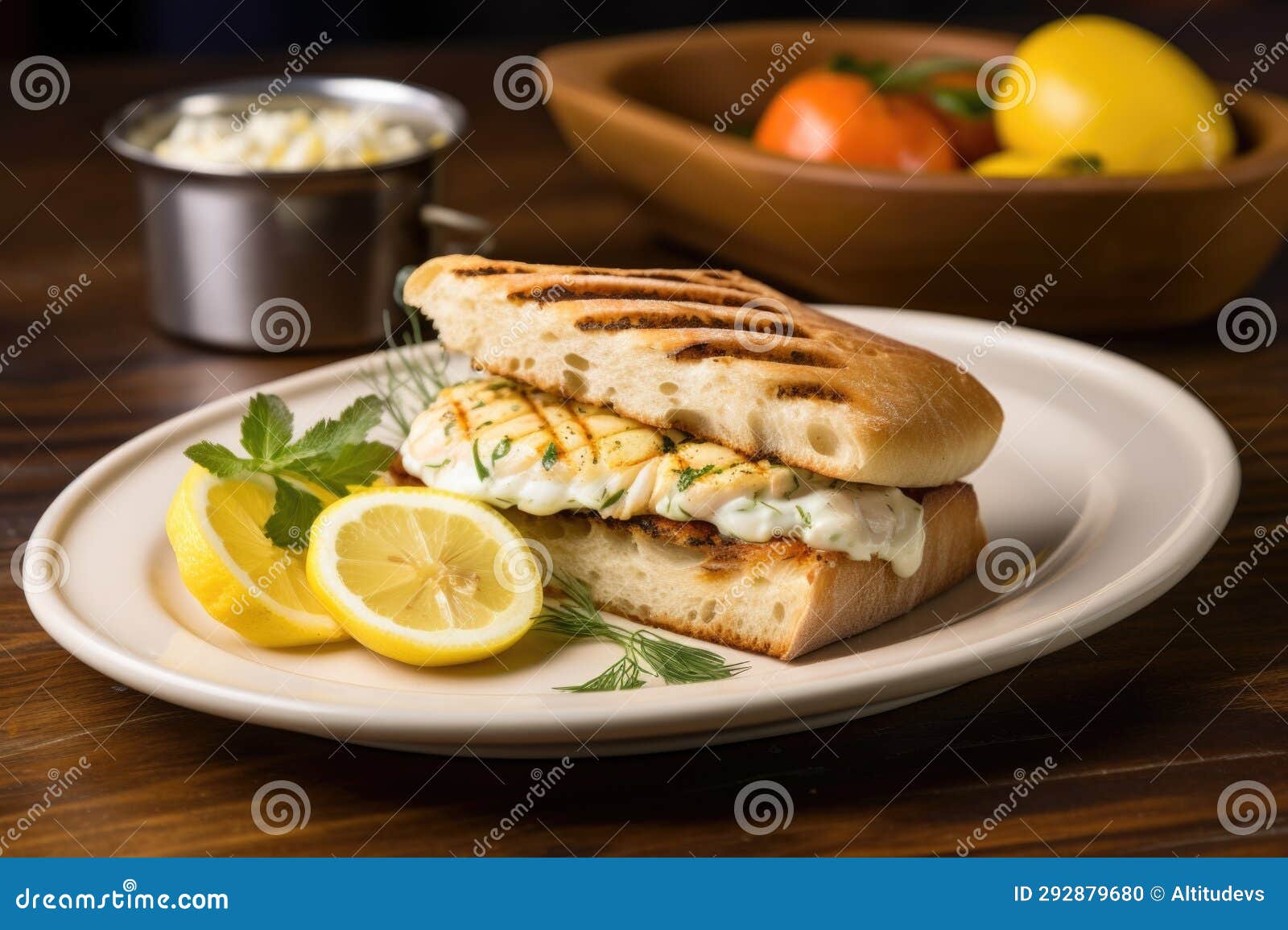 Grilled Fish Sandwich with Tartar Sauce on a Ceramic Plate Stock Photo ...