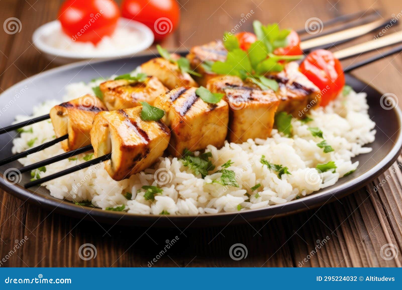 Grilled Fish Skewers Served on Top of a Bed of Rice Stock Photo - Image ...