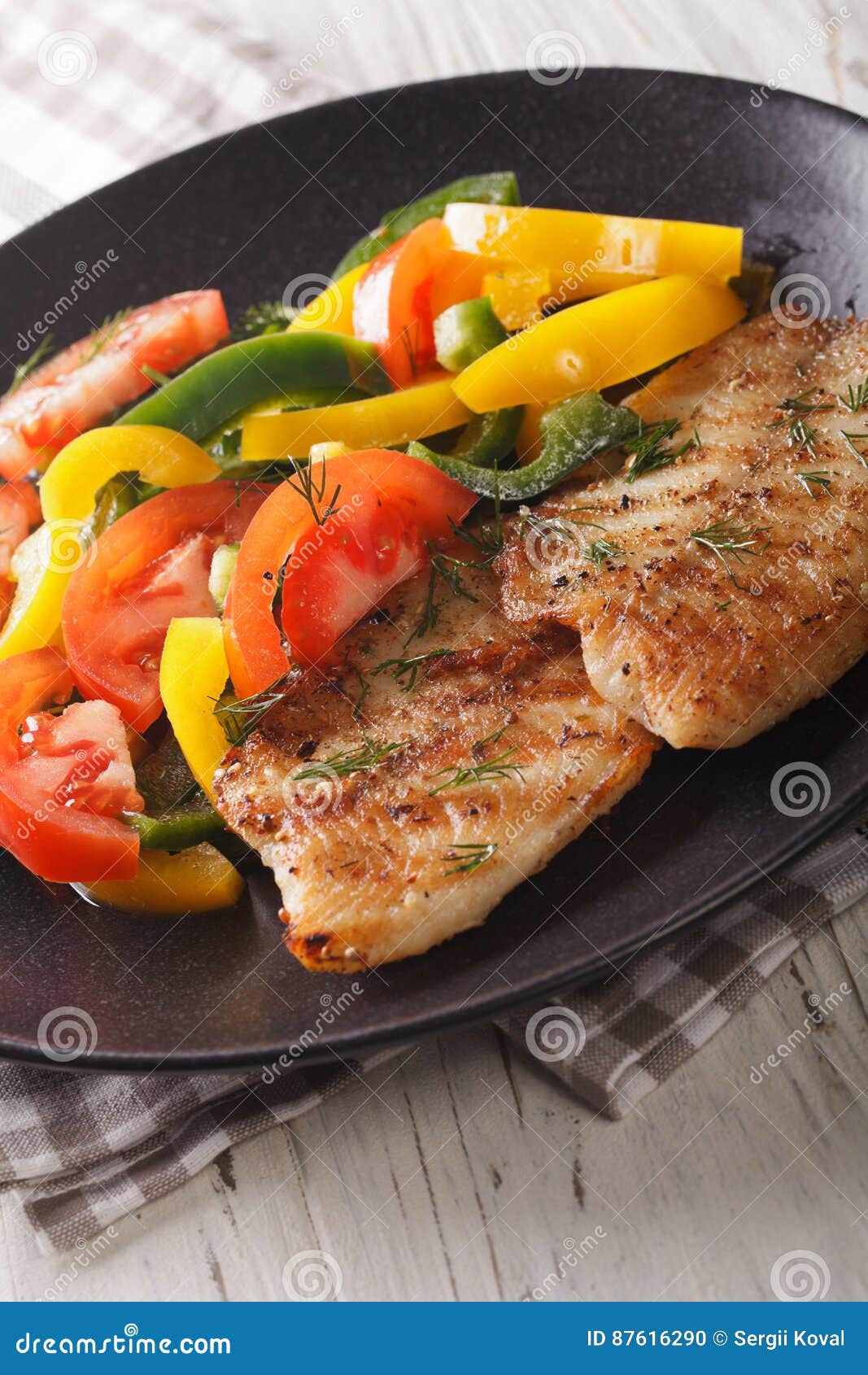 Grilled Fish Steaks and Fresh Vegetable Salad Close-up. Vertical Stock ...