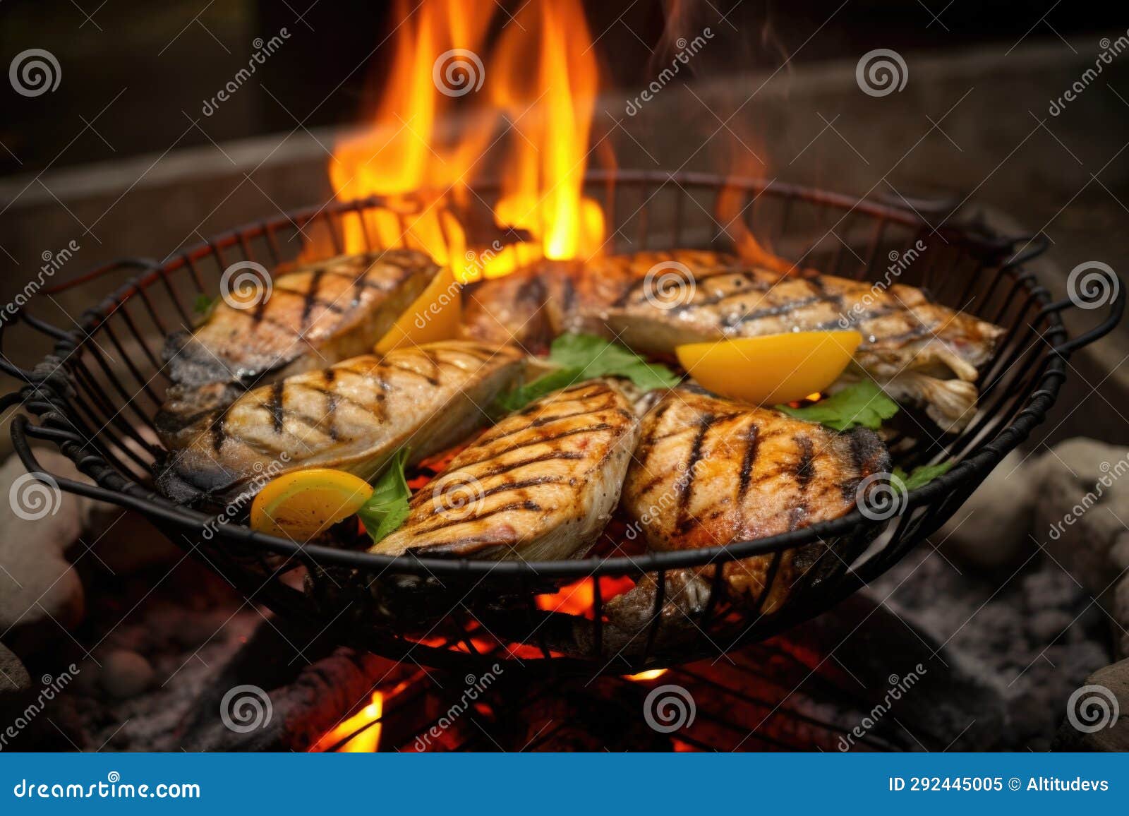 Grilled Fish Steaks in a Wire Basket on an Open Fire Pit Stock Image ...