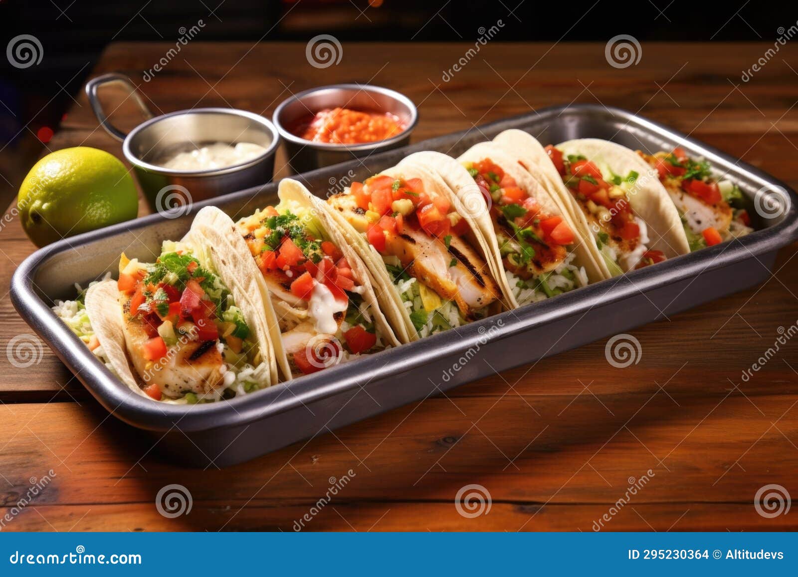 Grilled Fish Tacos with Toppings, Served on a Tray Stock Photo - Image ...