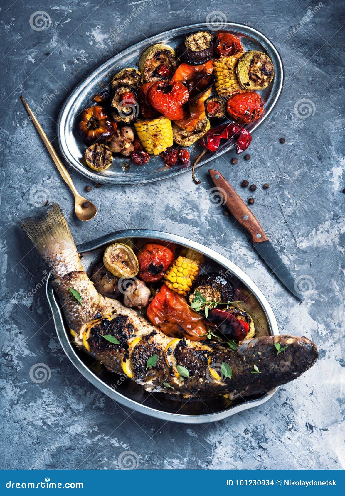 Grilled fish in a tray stock photo. Image of food, baked - 101230934