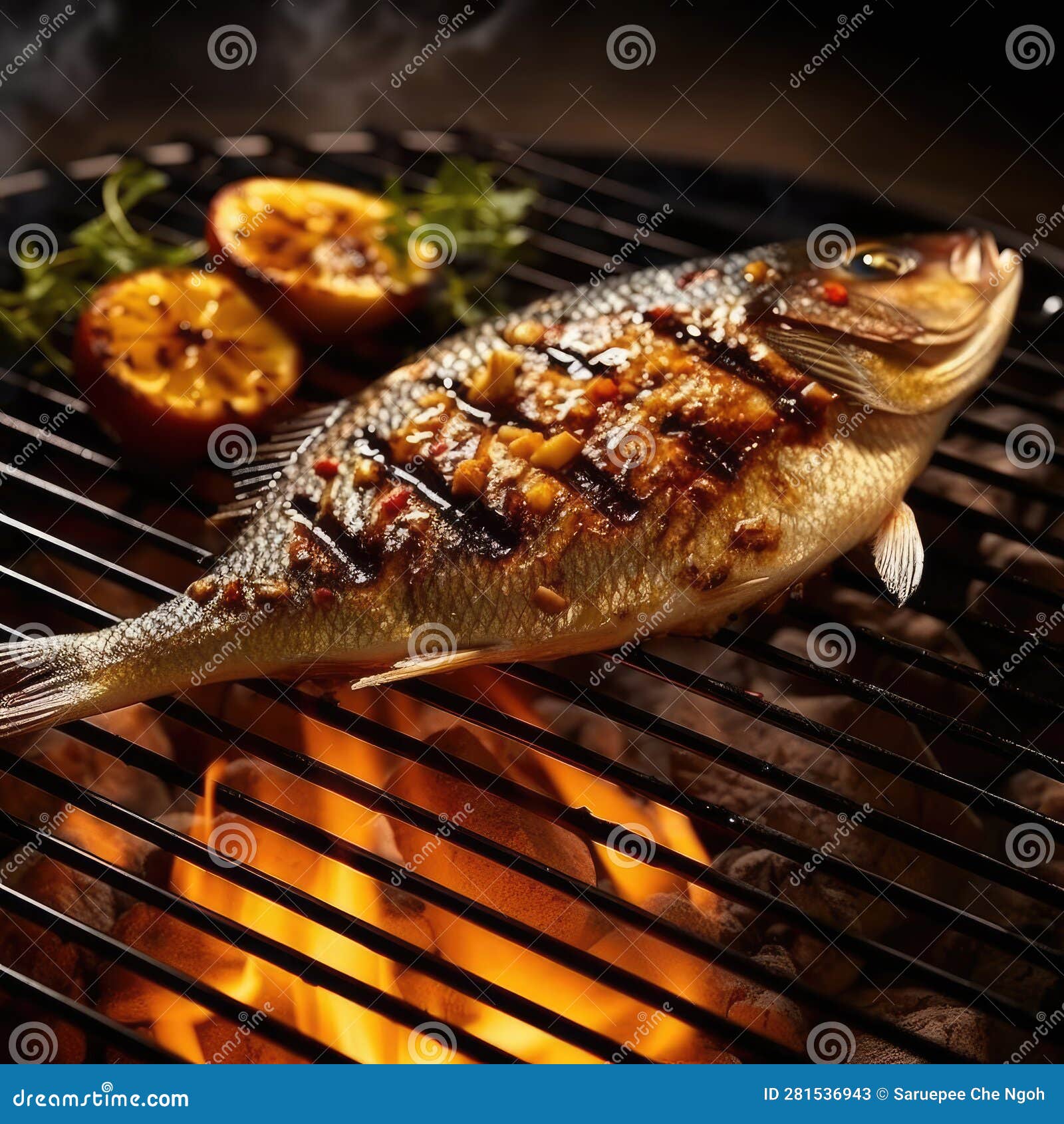 Grilled Fish with Various Vegetables on the Flaming Grill Stock ...