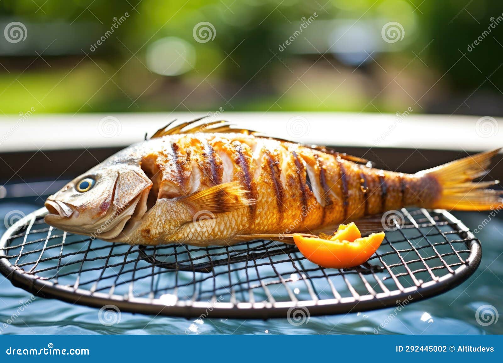 Grilled Fish in Wire Basket on a Deck Near a Pool Stock Photo - Image ...