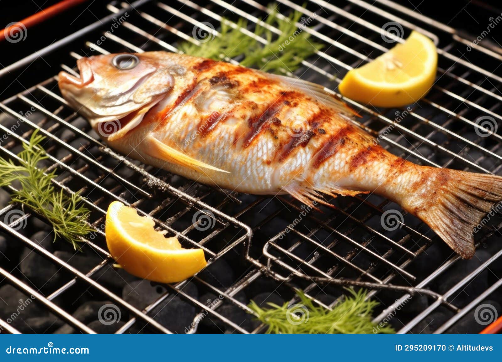 Grilled Fish in a Wire Basket, with Grill Tongs Alongside Stock Photo ...