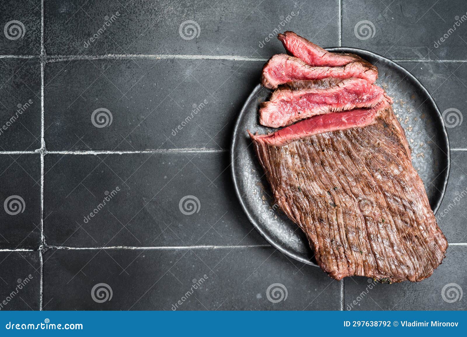 Grilled Flap or Flank Steak, Sliced on a Plate. Black Background. Top ...