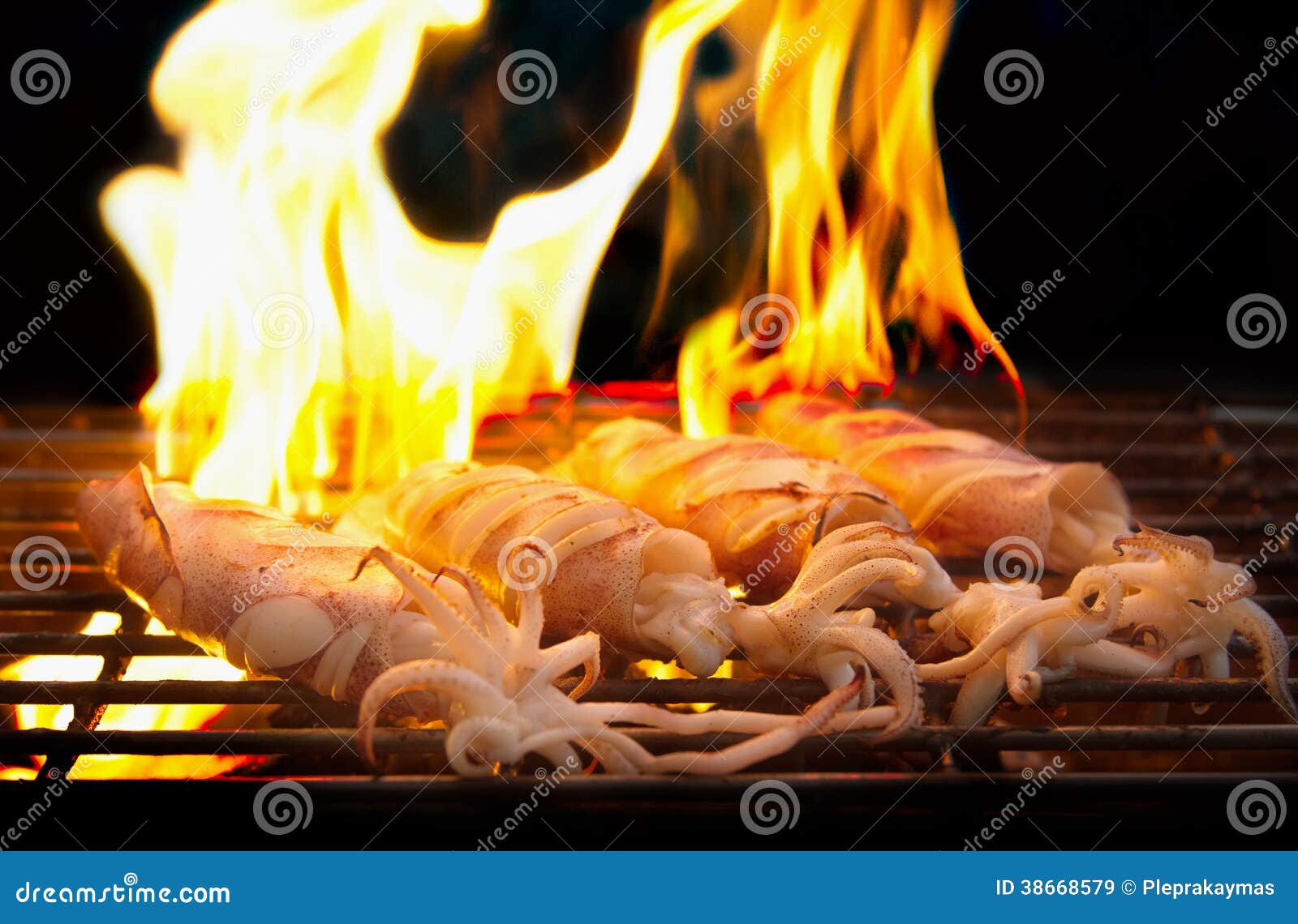 Grilled Fresh Squid on Flaming Stock Image - Image of tasty, animal ...