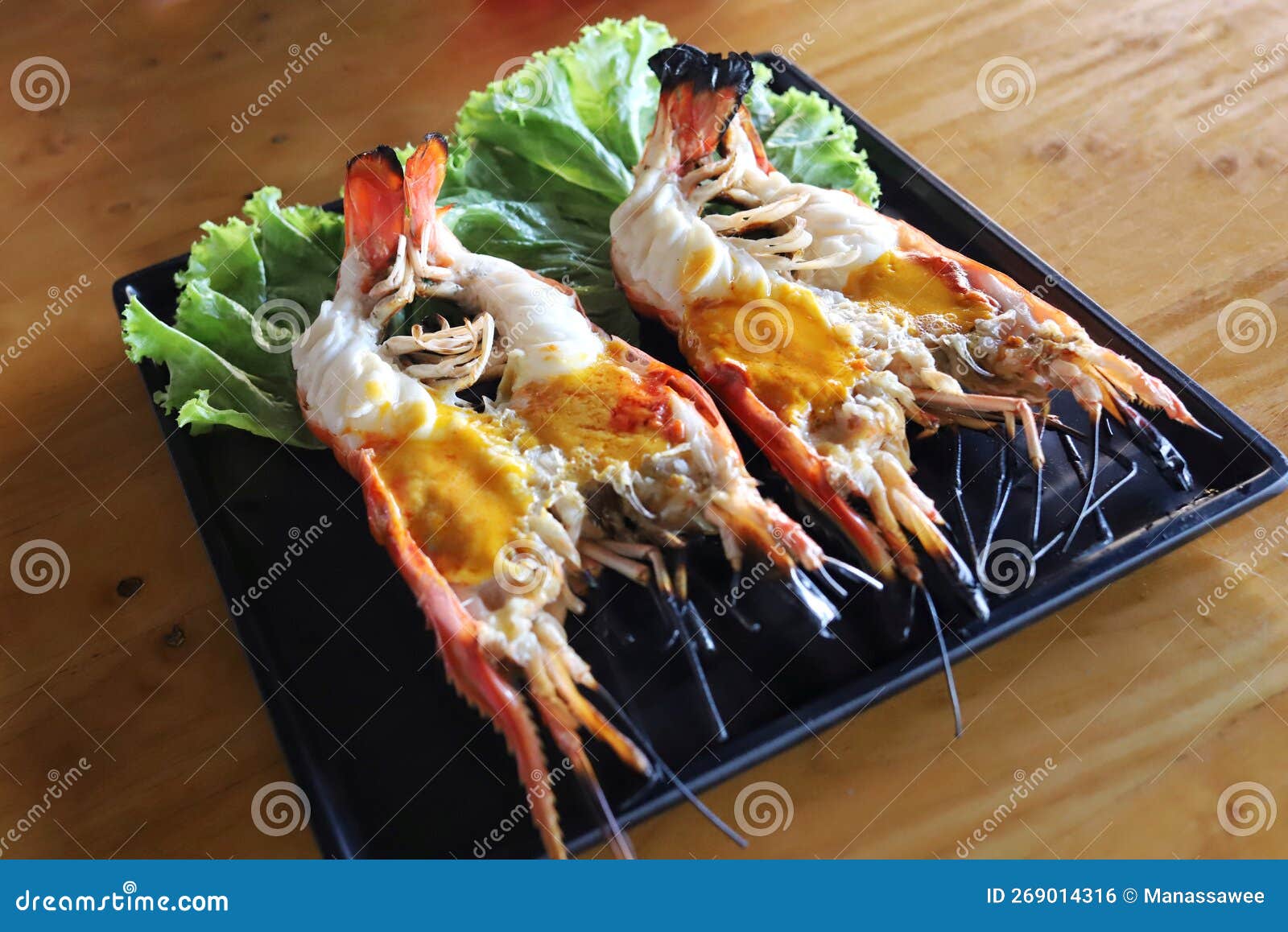 Grilled Giant Freshwater Prawn Served on a Black Plate Stock Photo ...