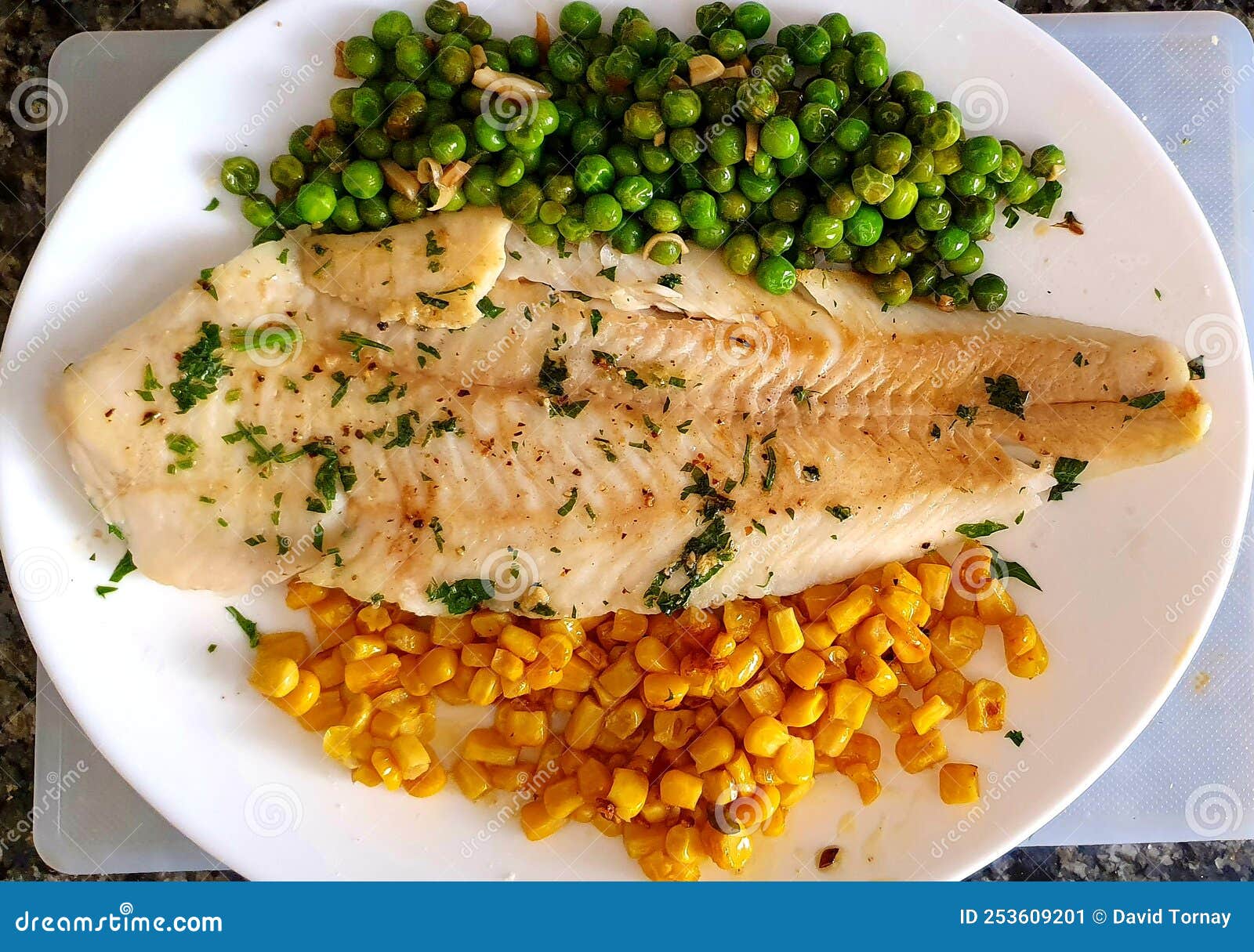 Grilled Hake with Corn and Peas. Stock Image - Image of meat, cooking ...