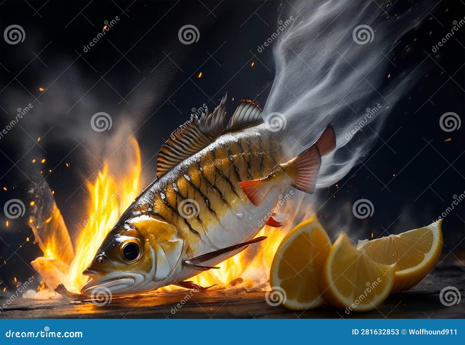 Grilled Juicy Yellowtail Fish on Fire. Generative AI Stock Illustration ...