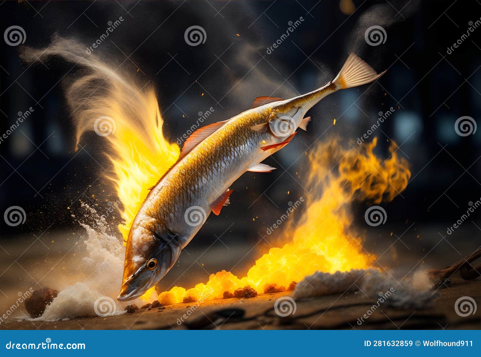 Grilled Juicy Yellowtail Fish on Fire. Generative AI Stock Illustration ...