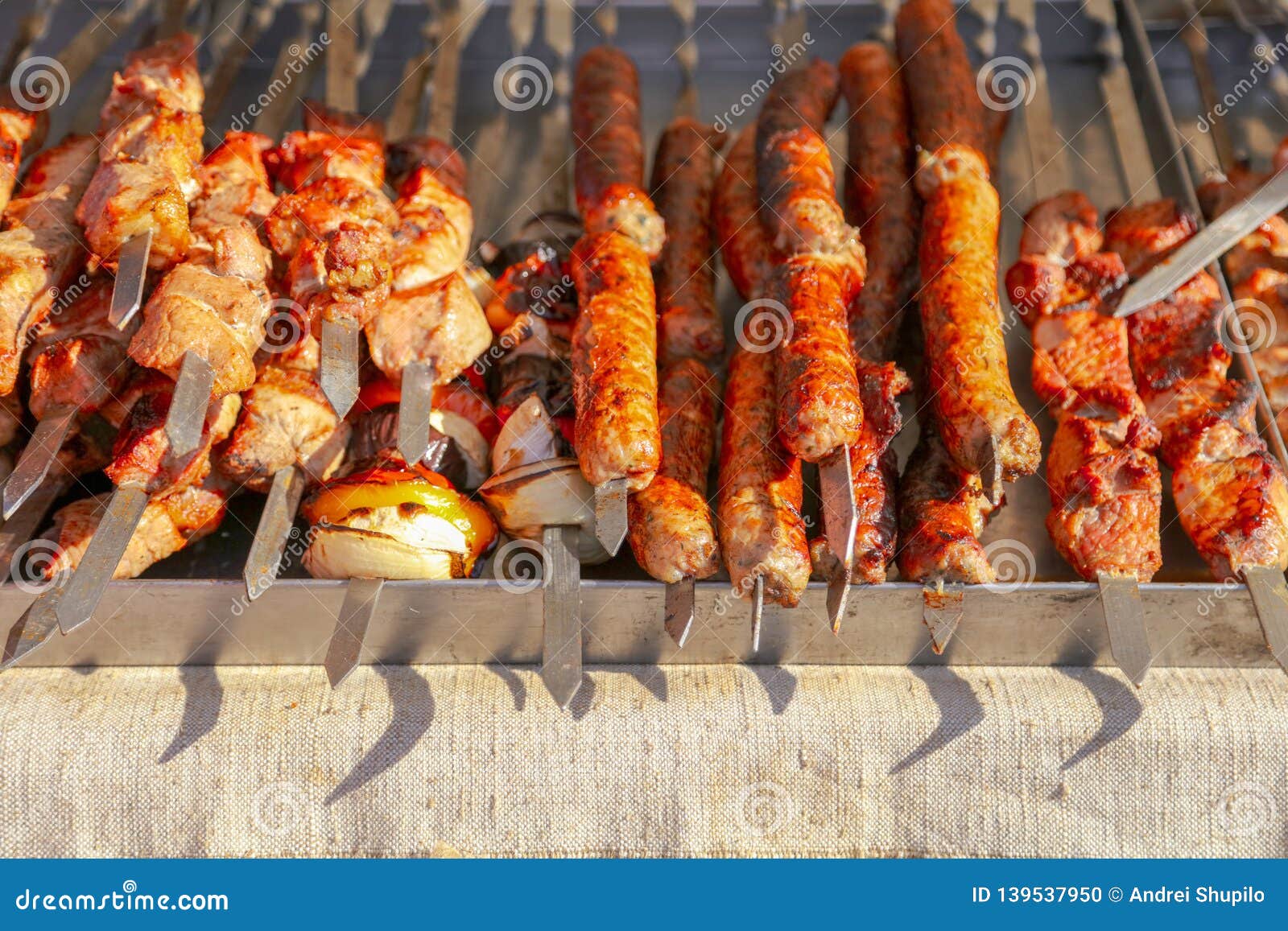 Grilled Kebabs on Metal Sticks in Nature Stock Photo - Image of roasted ...