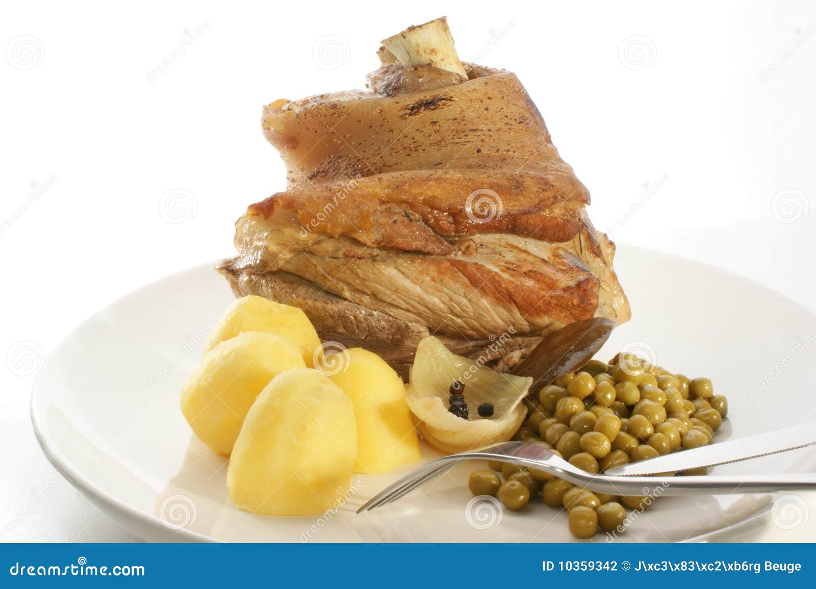 Grilled Knuckle of Pork with Potato and Pea Stock Photo - Image of ...